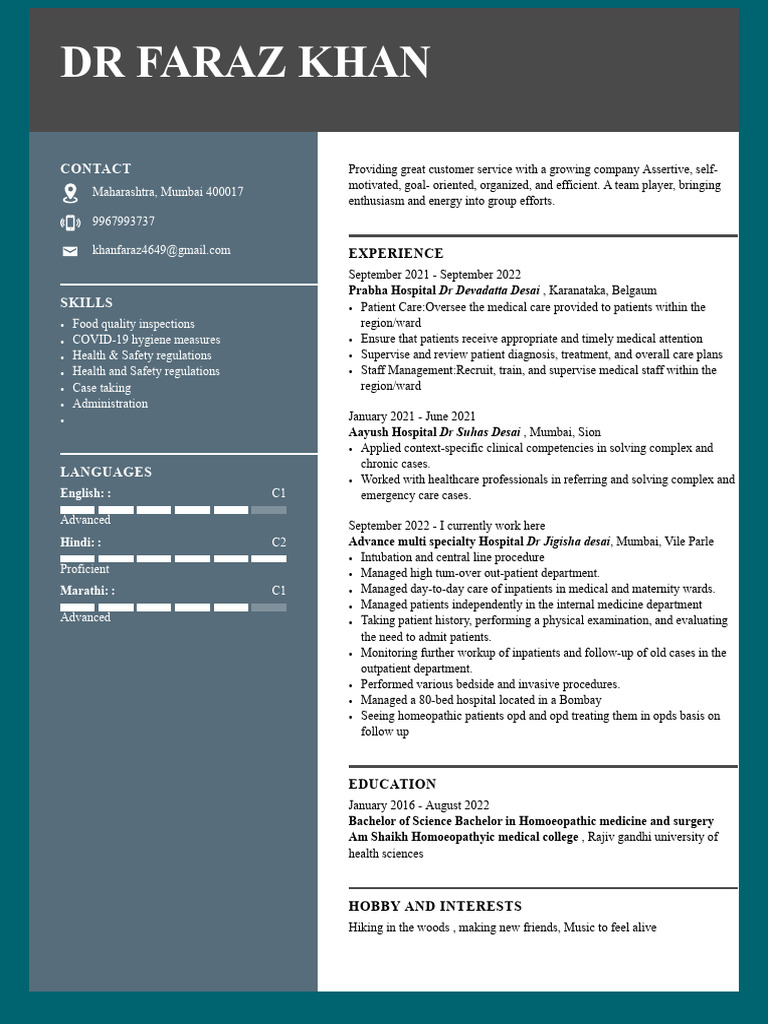 Cv Faraz Khan | PDF | Patient | Hospital