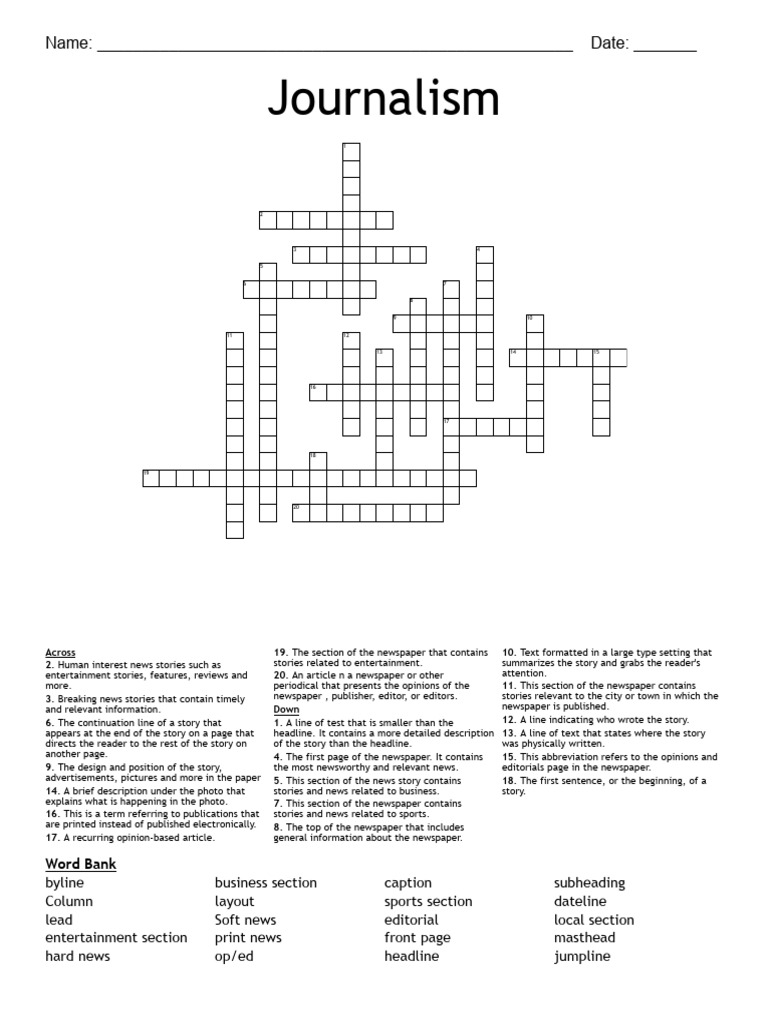 Journalism Crossword Puzzle Guide | PDF | Newspapers | News