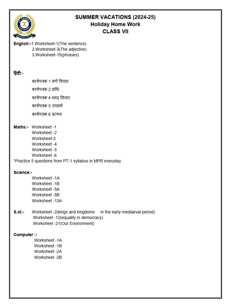 Holiday Homework 2024-25 Class-VII | PDF