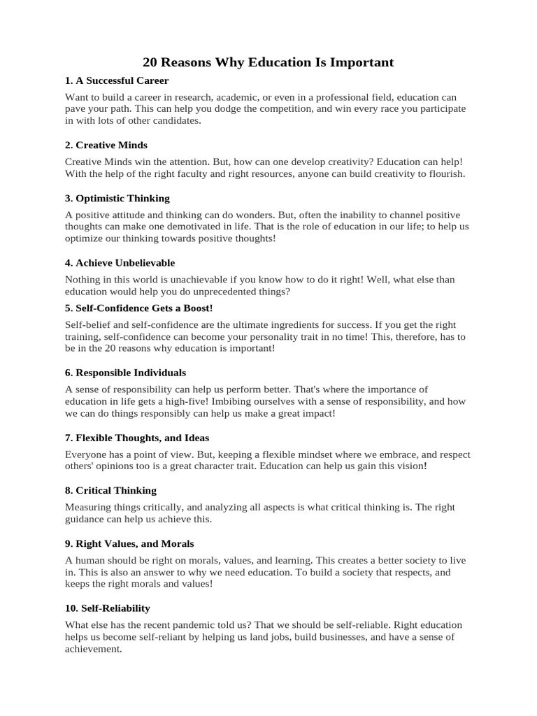 20 Reasons Education Matters | PDF | Thought | Creativity