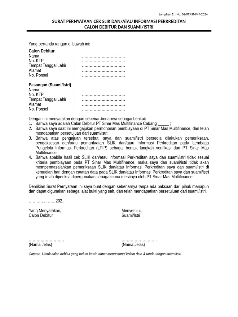 Surat Pernyataan Cek SLIK Debitur | PDF