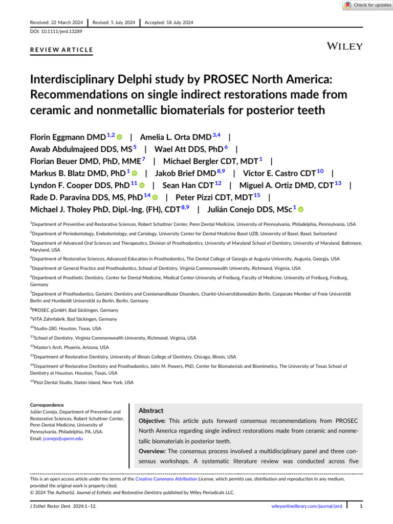 J Esthet Restor Dent - 2024 - Eggmann - Interdisciplinary Delphi Study by PROSEC North America ...