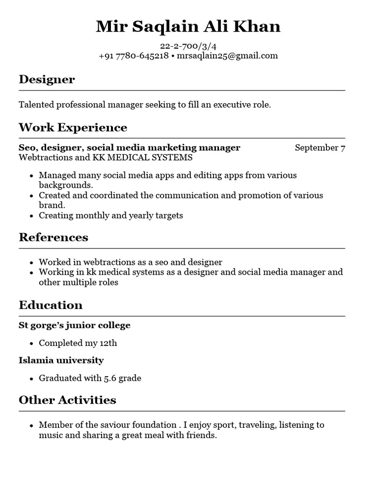 Resume Mir Saqlain Ali Khan | PDF | Business | Social Science