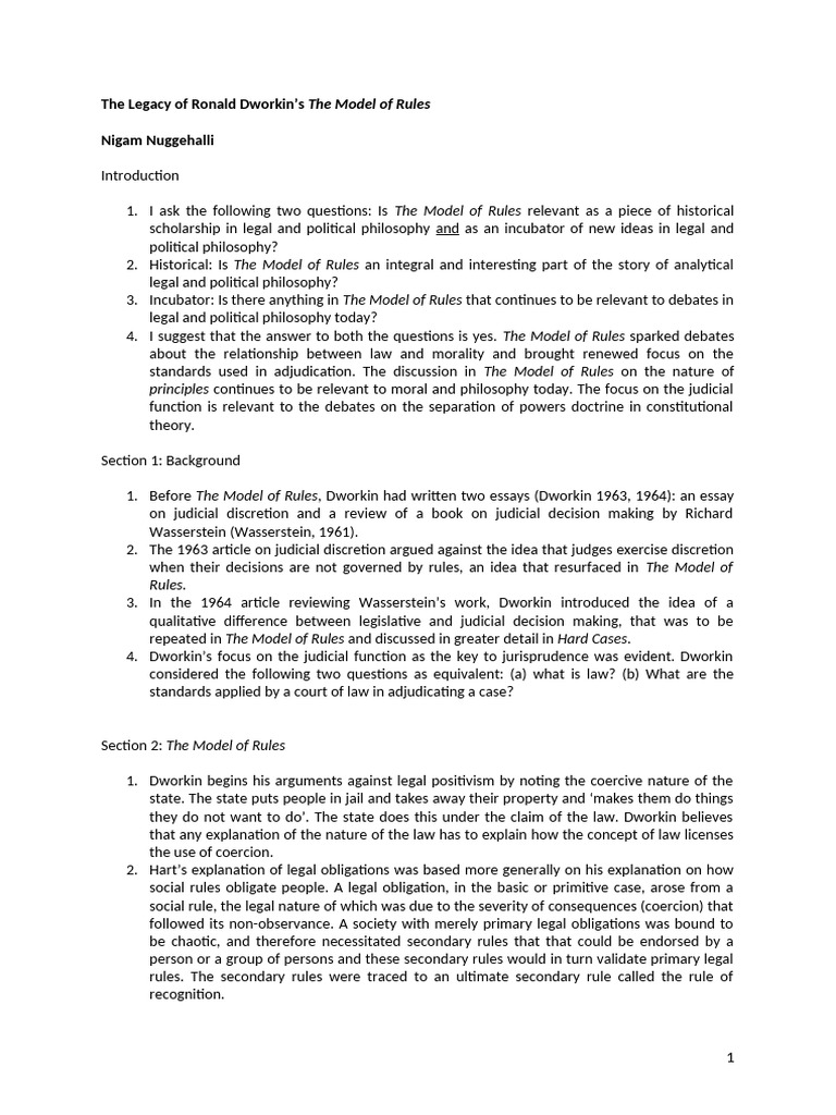 Dworkin Model of Rules Outline (Prof. Nigam N.) | PDF | Jurisprudence ...