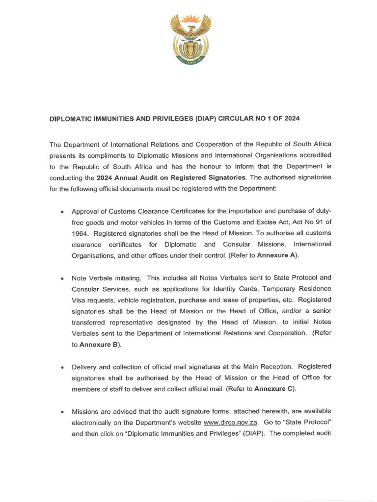Diplomatic Immunities and Privileges Circular 1 of 2024 Signature Audit ...