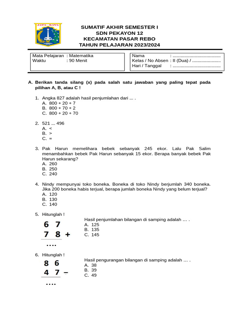 Asesmen Sumatif Kelas 2 Matematika | PDF