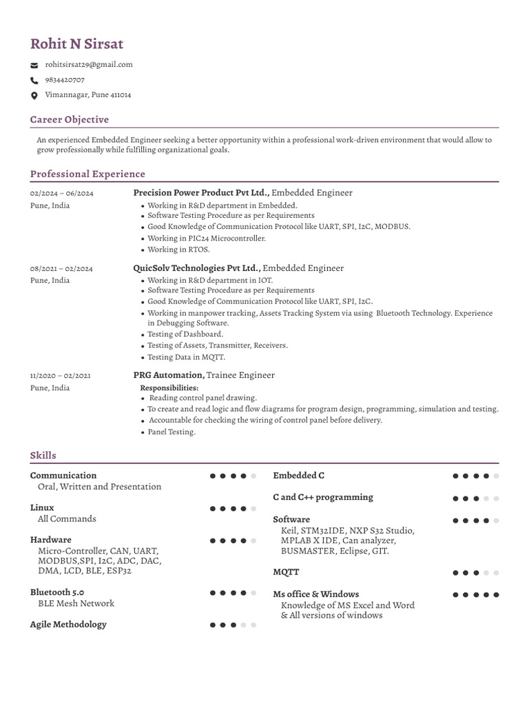 Embedded Engineer Resume - Rohit N Sirsat | PDF | Embedded System ...