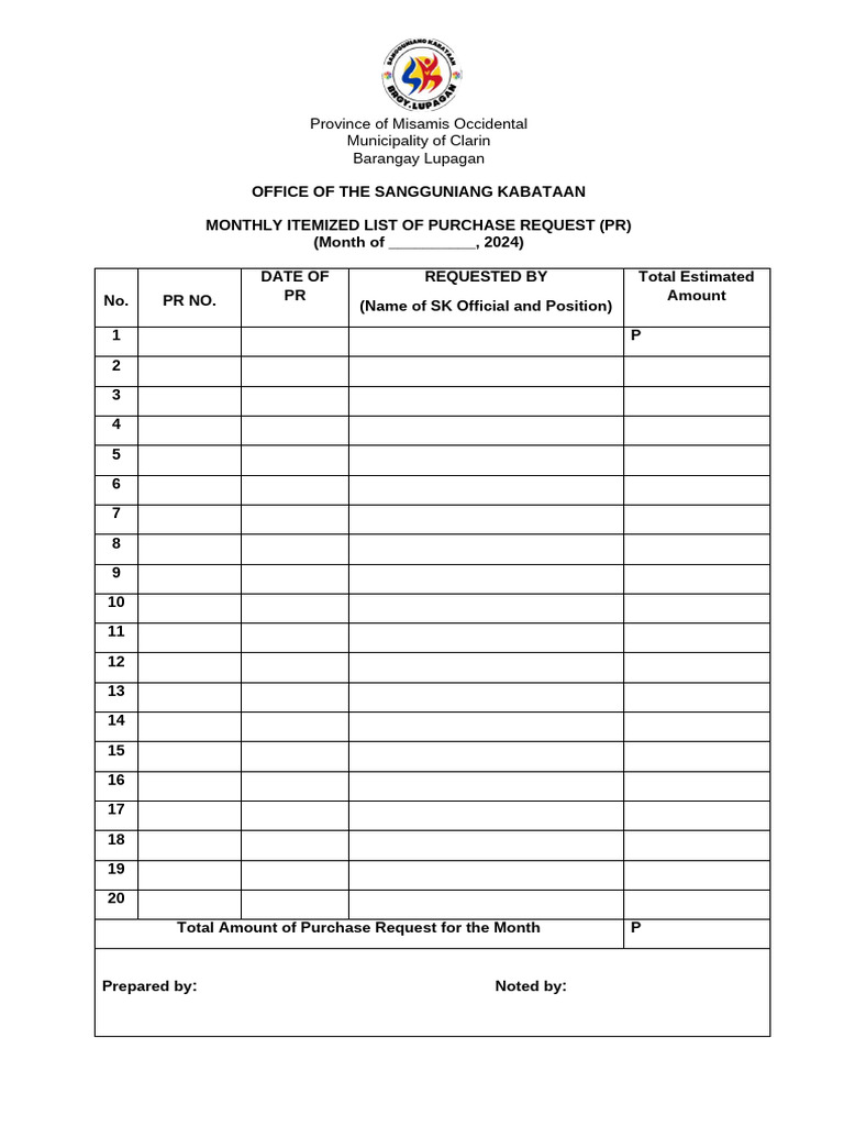 Monthly Purchase Request List Template | PDF