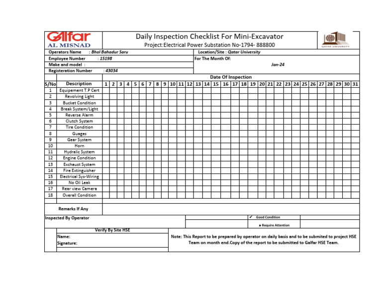 Inspection Checklist For Excavator | PDF | Computers | Technology ...