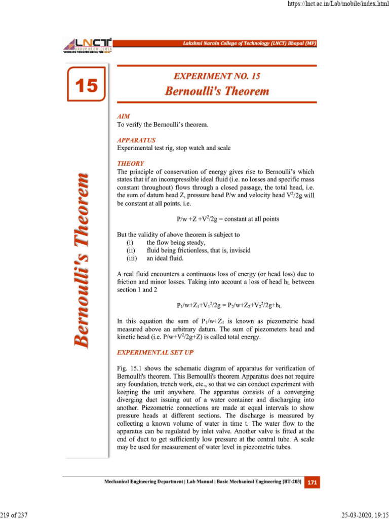 14. Experiment No 14 Bernoullis Theorem | PDF 14. Experiment No 14 Bernoullis Theorem | PDF