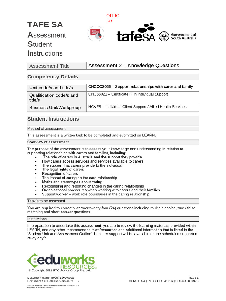 CHCCCS036 - ASI - Assessment 2 - Knowledge Questions | PDF | Caregiver