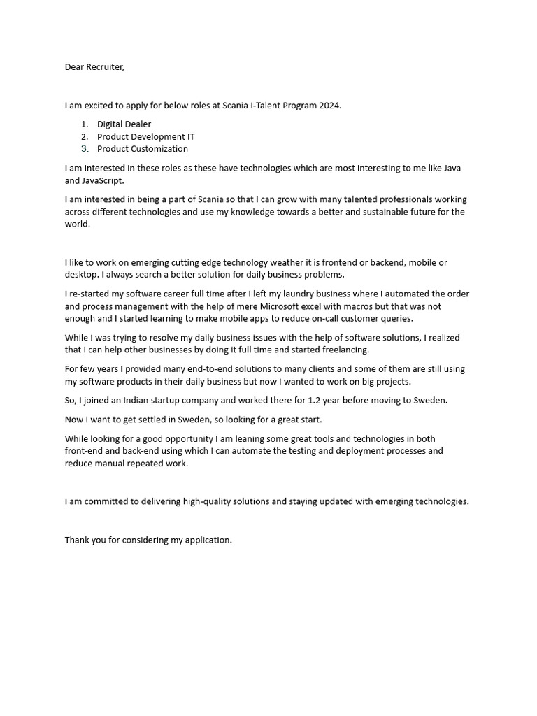 Sample Cover Letter Software Developer | PDF