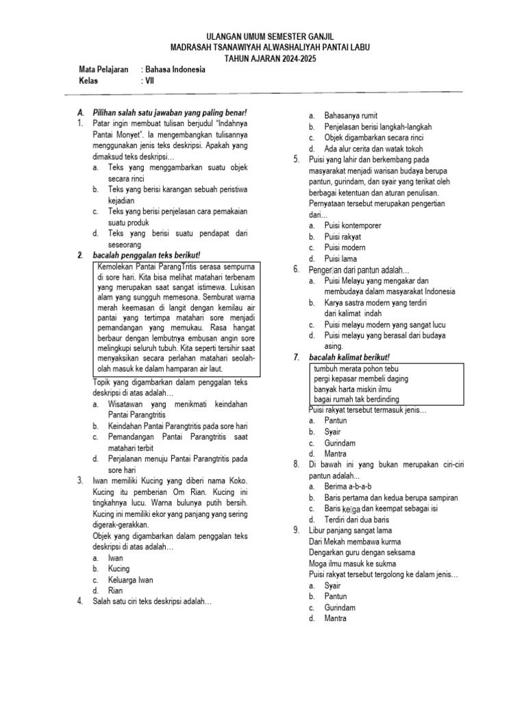 Soal Ujian Akhir Semester Ganjil Bahasa Indonesia Sumba Irawan | PDF