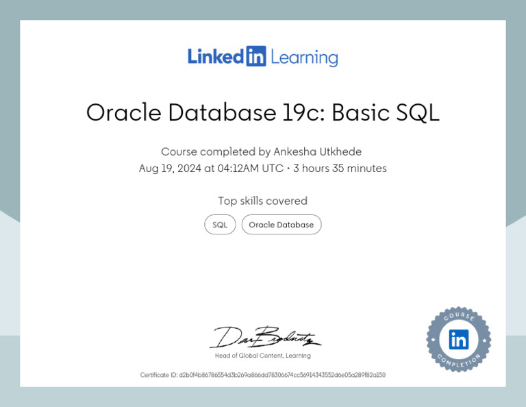 CertificateOfCompletion - Oracle Database 19c Basic SQL | PDF