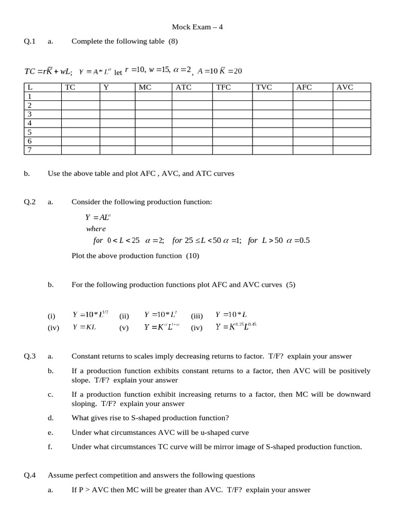 Economics Mock Exam: Cost & Competition | PDF | Monopoly | Production ...
