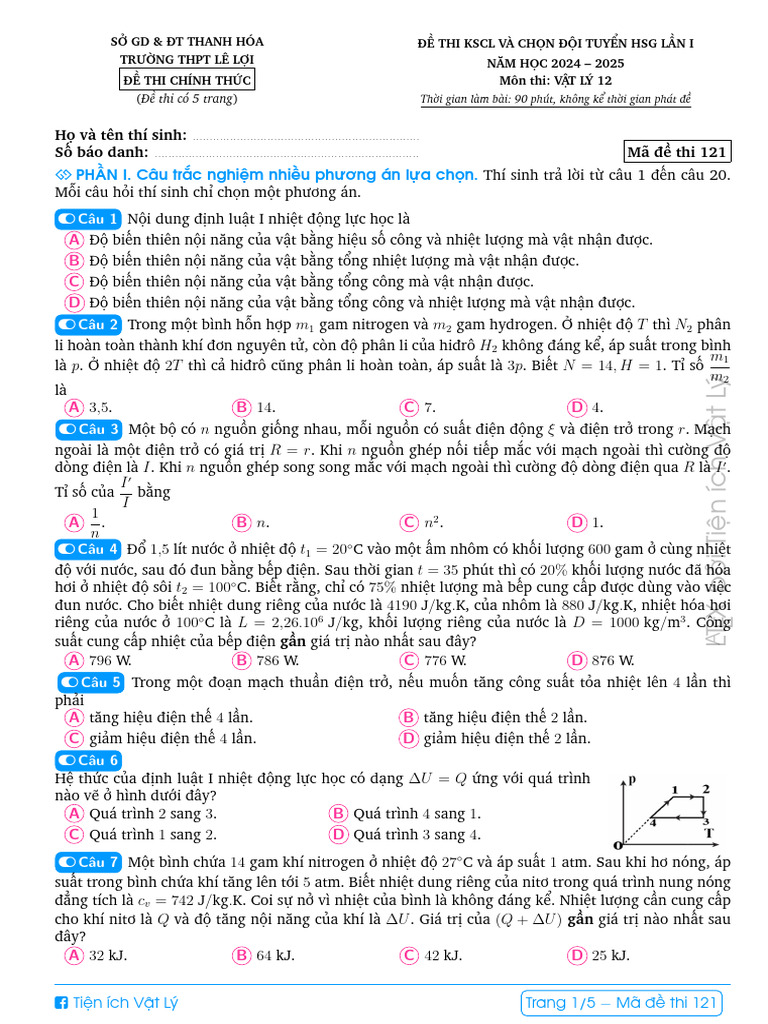 Đề Kscl Hsg - Trường Thpt Lê Lợi - Thanh Hóa | PDF
