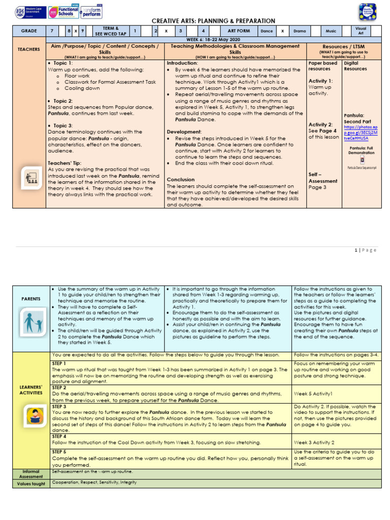 Grade 7 Pantsula Dance Lesson Plan | PDF | Dances | Foot