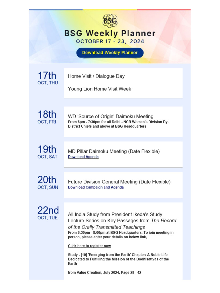 BSG Weekly Planner 17 23 Oct | PDF | Art