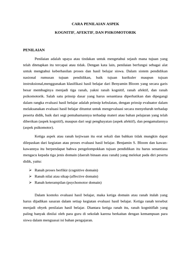 Cara Penilaian Aspek Kognitif, Afektif, Dan Psikomotorik | PDF