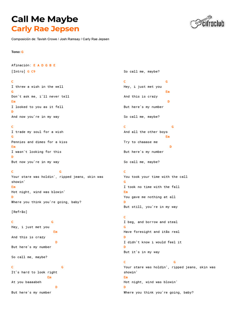 Call Me Maybe Lyrics and Chords | PDF | Musicians | Songs Written