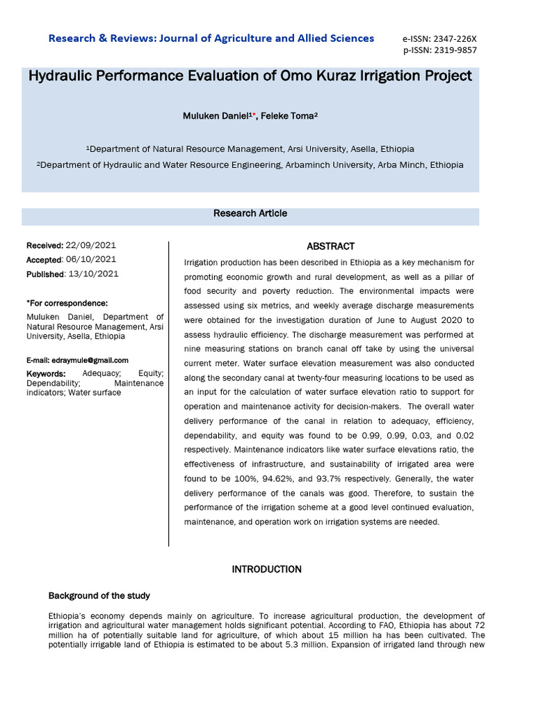 Hydraulic Performance Evaluation of Omo Kuraz Irrigation Project | PDF ...