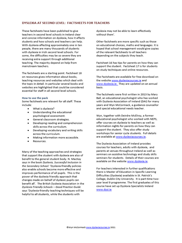 Factsheets-for-second-level-school-2021 | PDF | Dyslexia | Wechsler ...