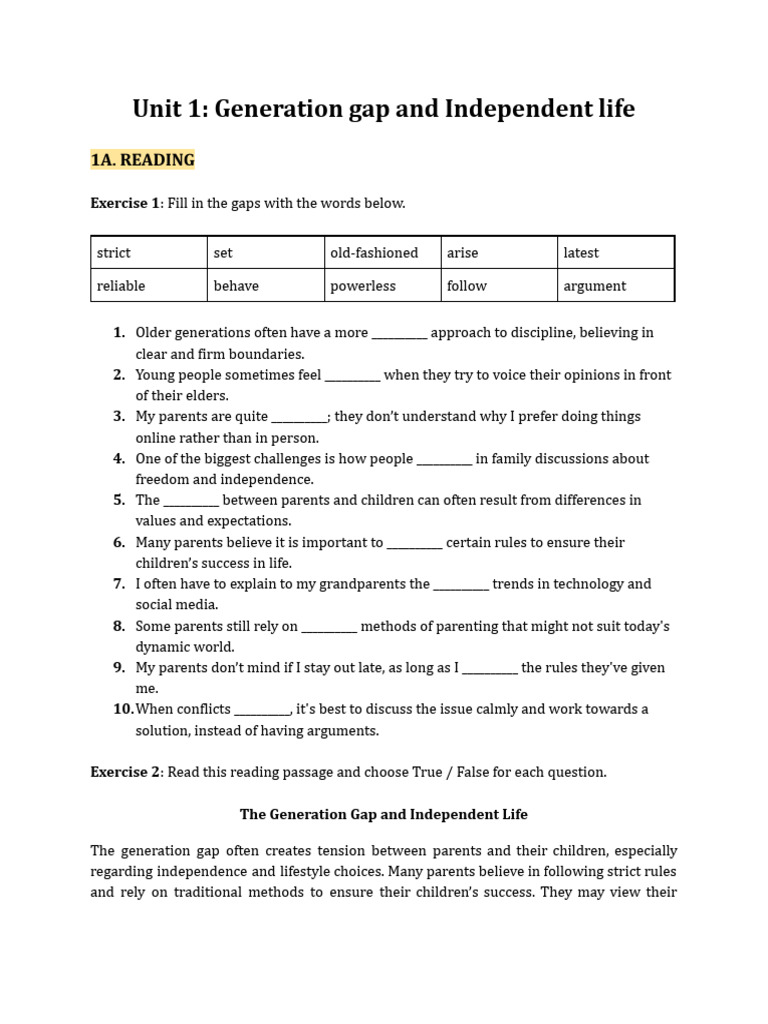 Unit 1 - Generation Gap and Independent Life | PDF | Adolescence ...