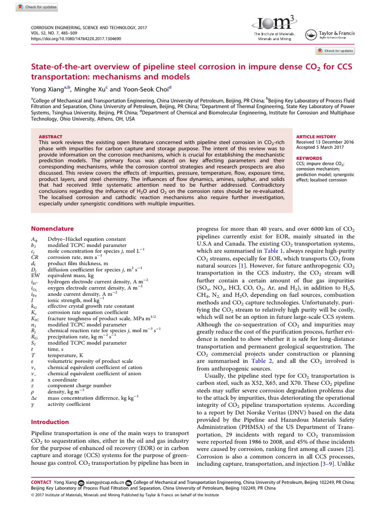 Xiang Et Al 2017 State of The Art Overview of Pipeline Steel Corrosion in Impure Dense Co2 For ...