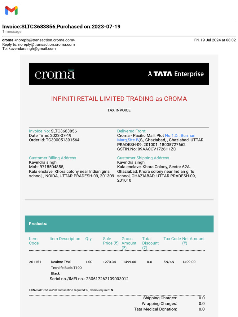 Croma Invoice for Realme TWS Buds | PDF | Public Finance | Trade