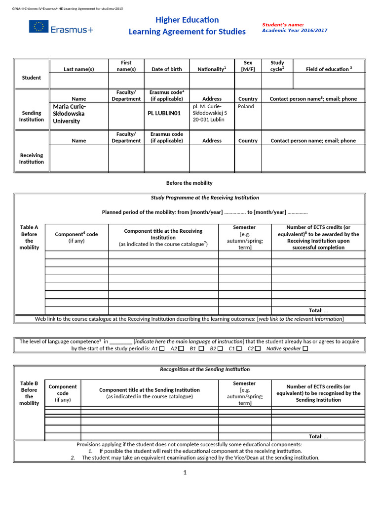 Learning Agreement Outgoing | PDF | Academic Degree | Academia