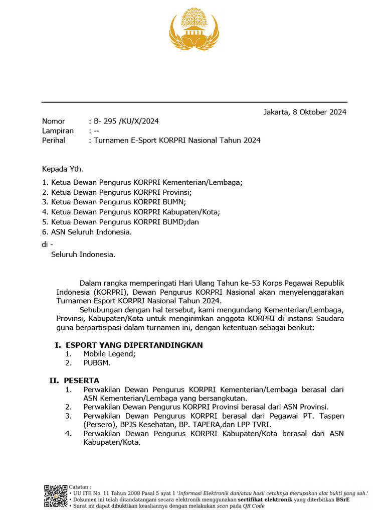 Surat E-Sport Asn Korpri 2024 | PDF | Olahraga & Rekreasi