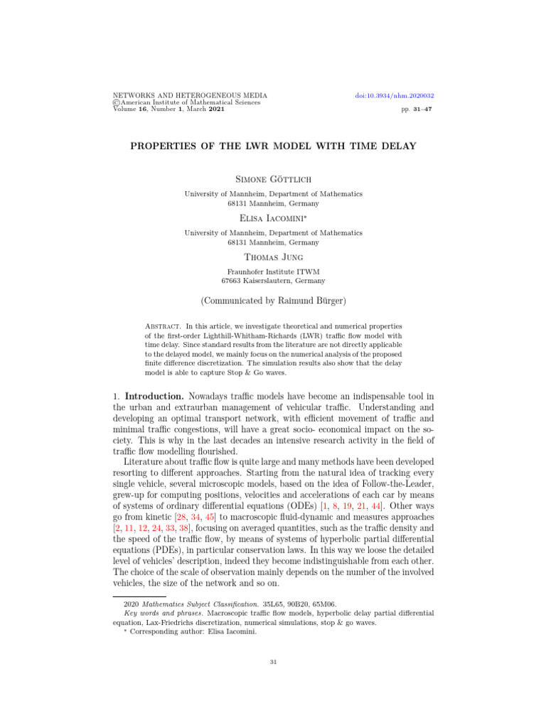 Properties of The LWR Model With Time Delay: Simone G Ottlich | PDF | Partial Differential ...
