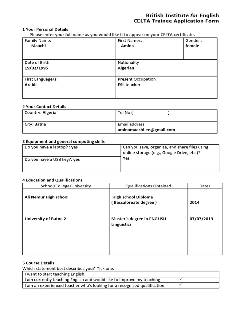 CELTA Candidate Application Form . | PDF | English As A Second Or ...