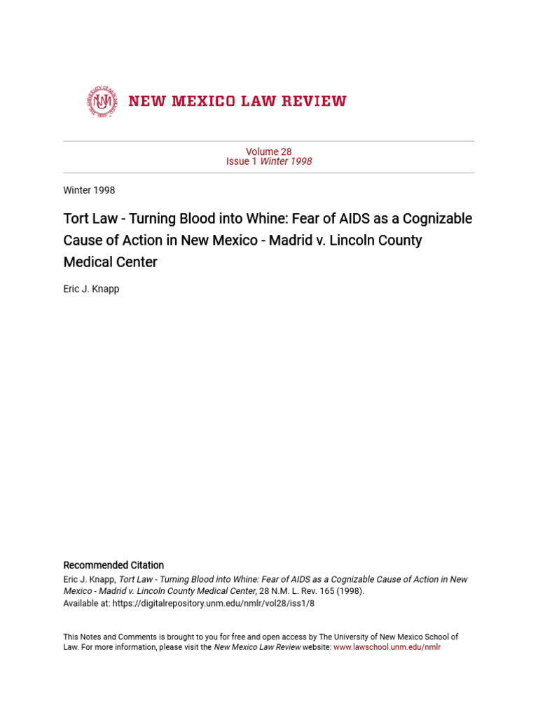 Tort Law - Turning Blood Into Whine - Fear of AIDS As A Cognizable ...