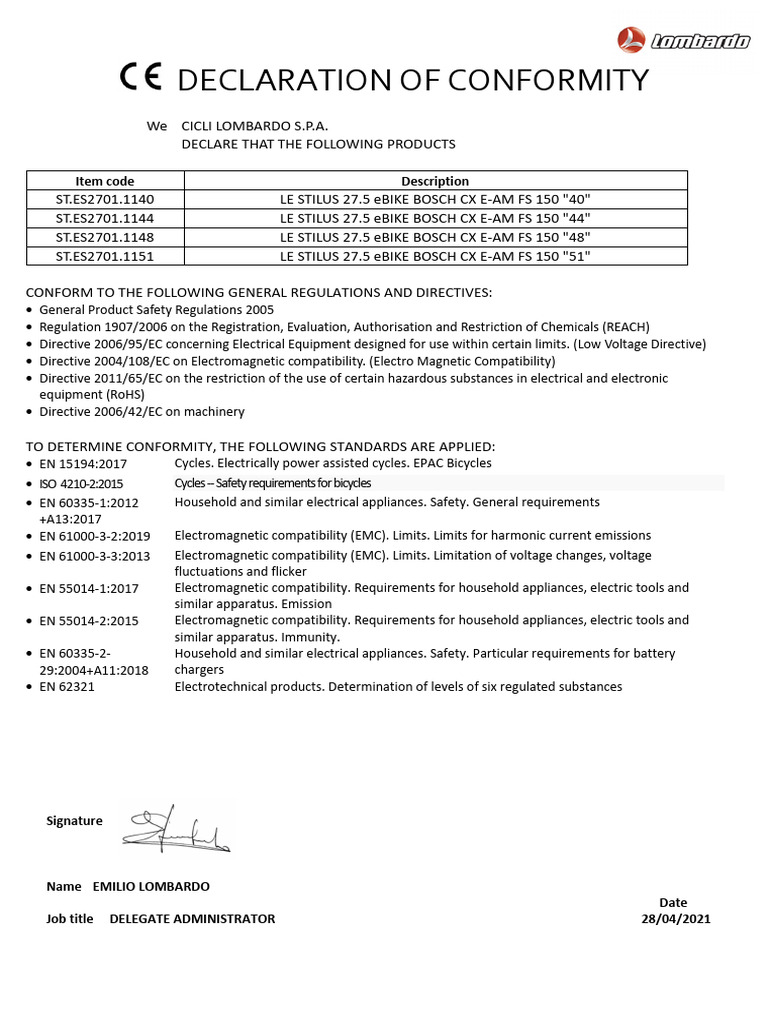 Declaration of Conformity for eBikes | PDF | Electromagnetic ...