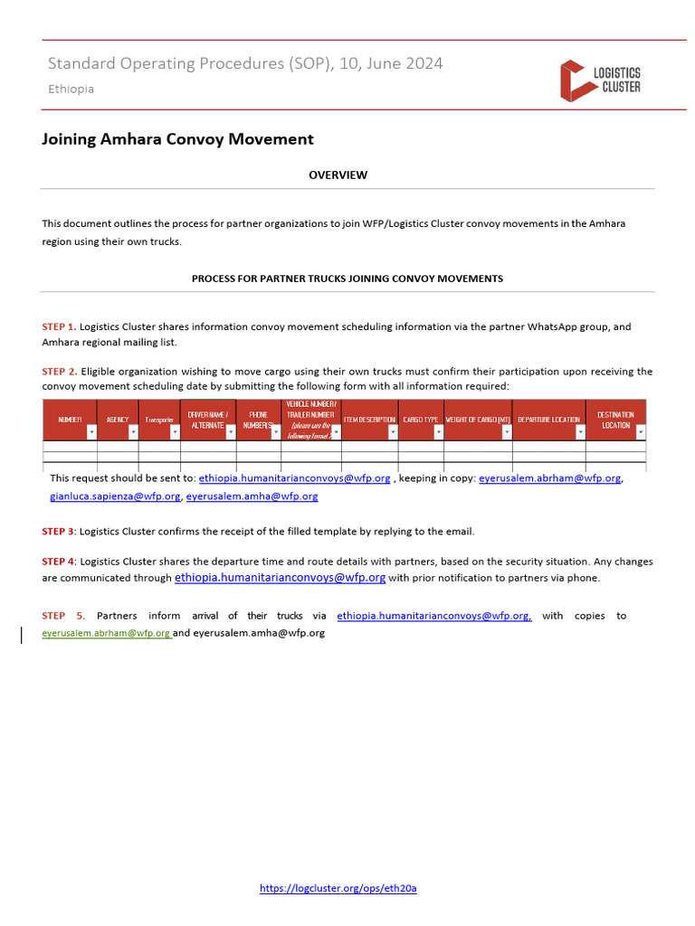 Logistics Cluster - Ethiopia - SOP - Joining Amhara Convoy Movement - 240610 | PDF | Convoy