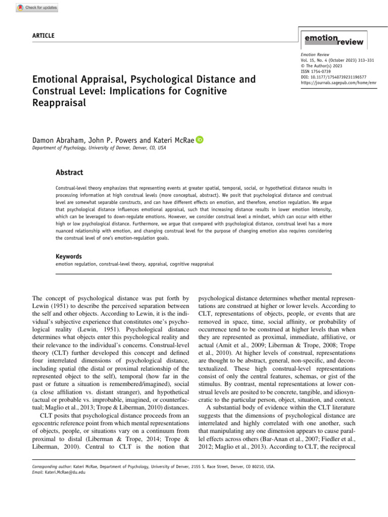 Abraham Et Al 2023 Emotional Appraisal Psychological Distance and ... Abraham Et Al 2023 Emotional Appraisal Psychological Distance and ...