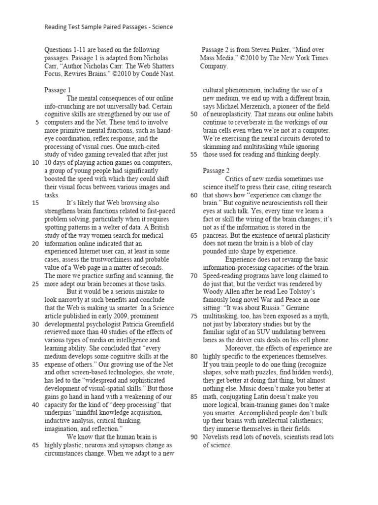 SCI Reading Test Sample Paired Passages | PDF | Brain | Critical Thinking