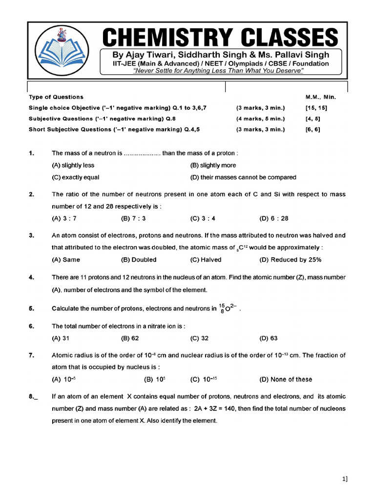 DPP 1-11 Atomic Structure | PDF | Chemistry | Physical Sciences