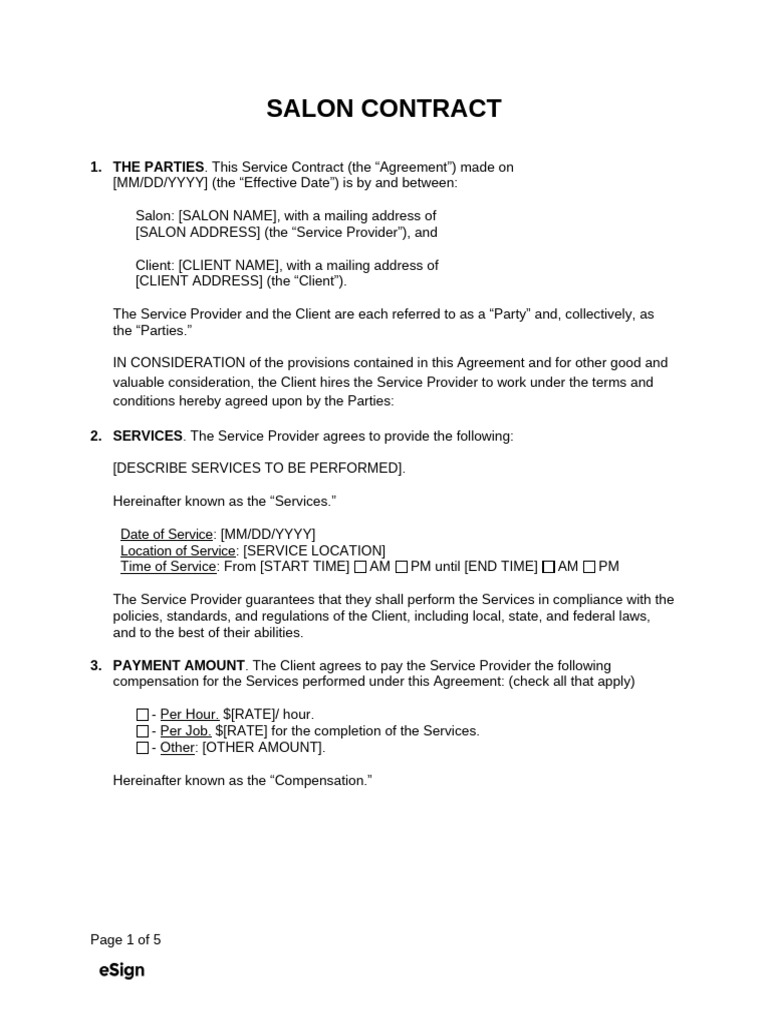 Salon Service Contract Template | PDF | Indemnity | Employment