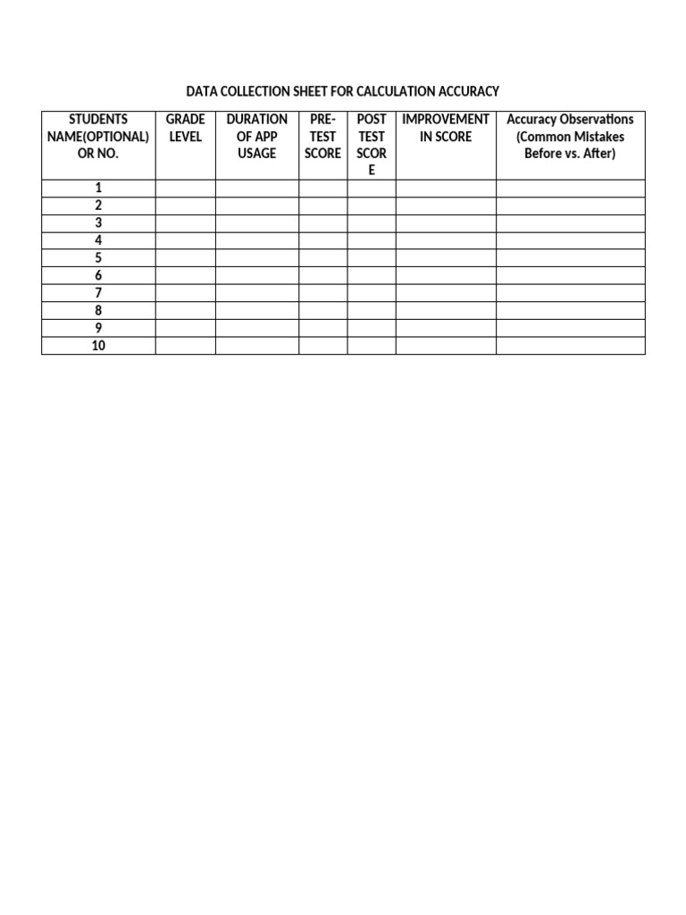 Data Collection Sheet for Calculation Accuracy | PDF