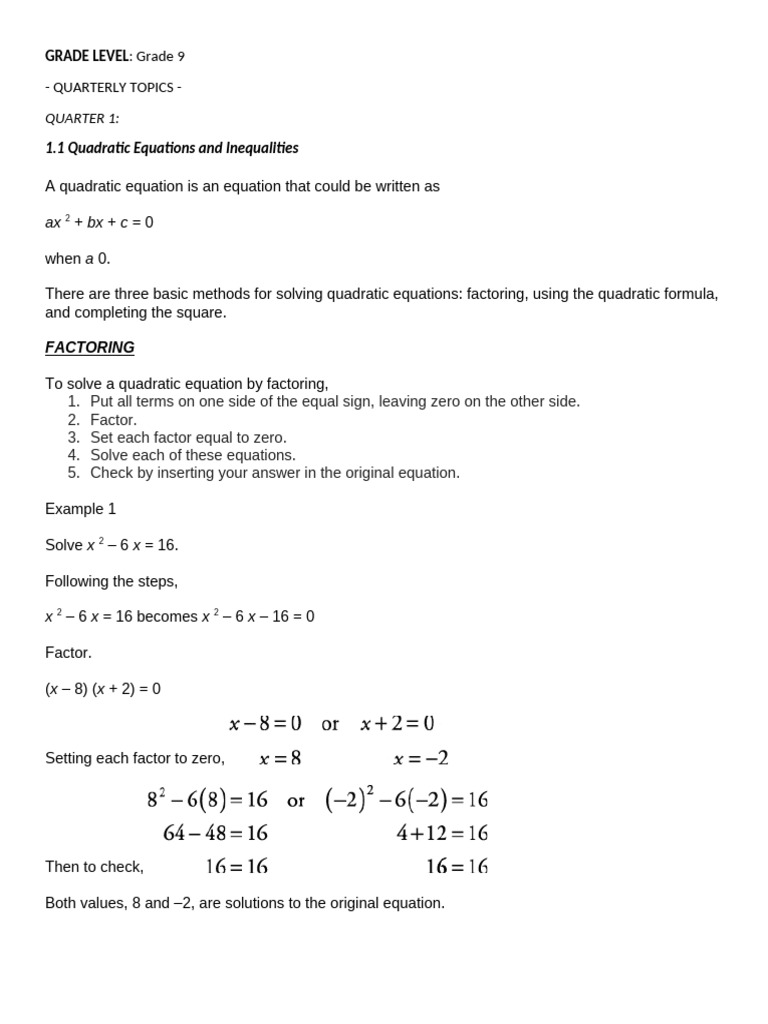 Grade 9 Topics For The Application | PDF | Quadratic Equation | Equations