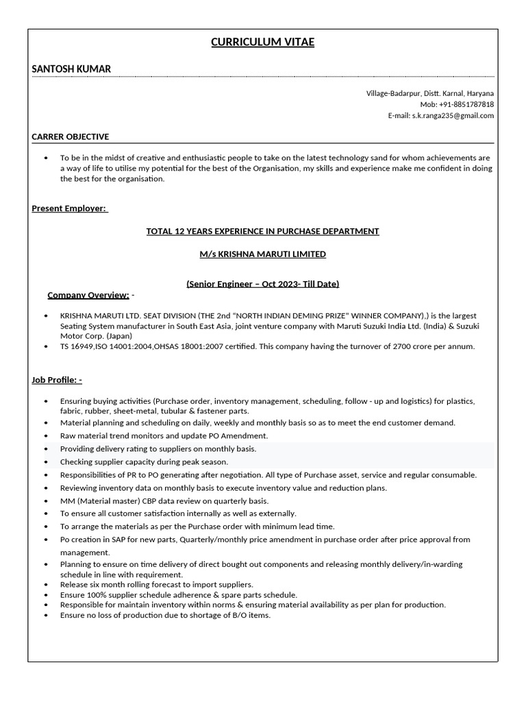 New CV-SANTOSH KUMAR - PURCHASE.. | PDF | Inventory | Warehouse