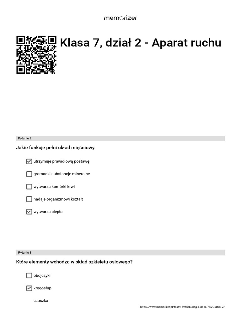 Klasa 7, Dział 2 - Aparat Ruchu - WYPEŁNIONY | PDF