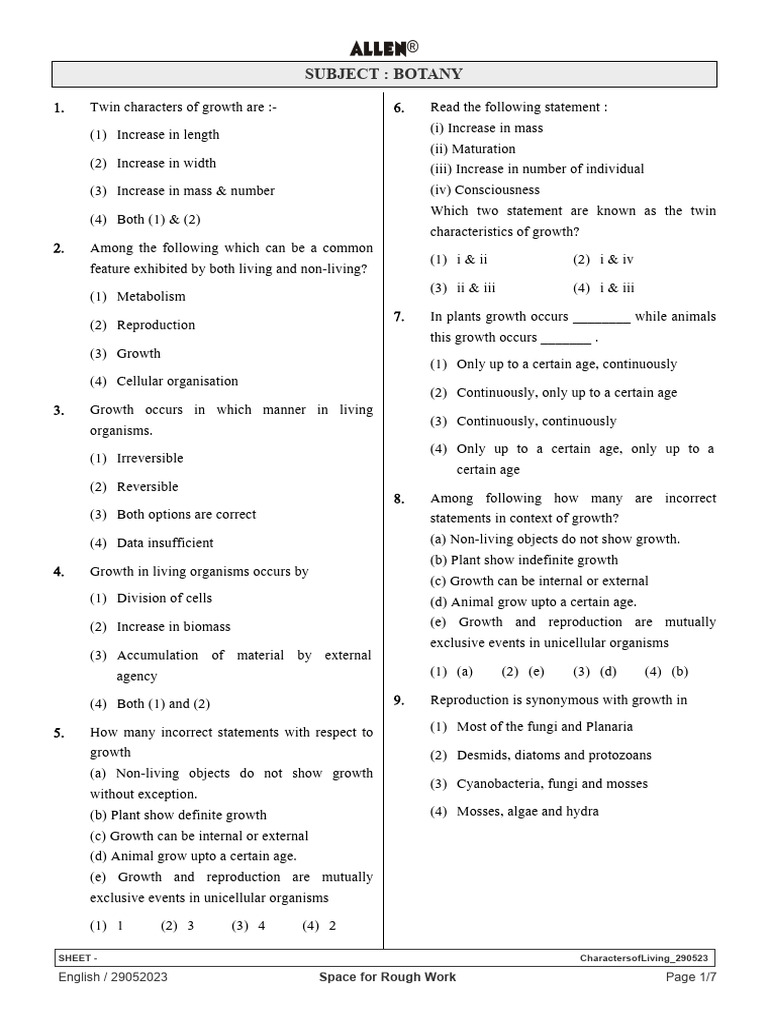 Botany Growth & Reproduction Quiz | PDF | Metabolism | Organisms