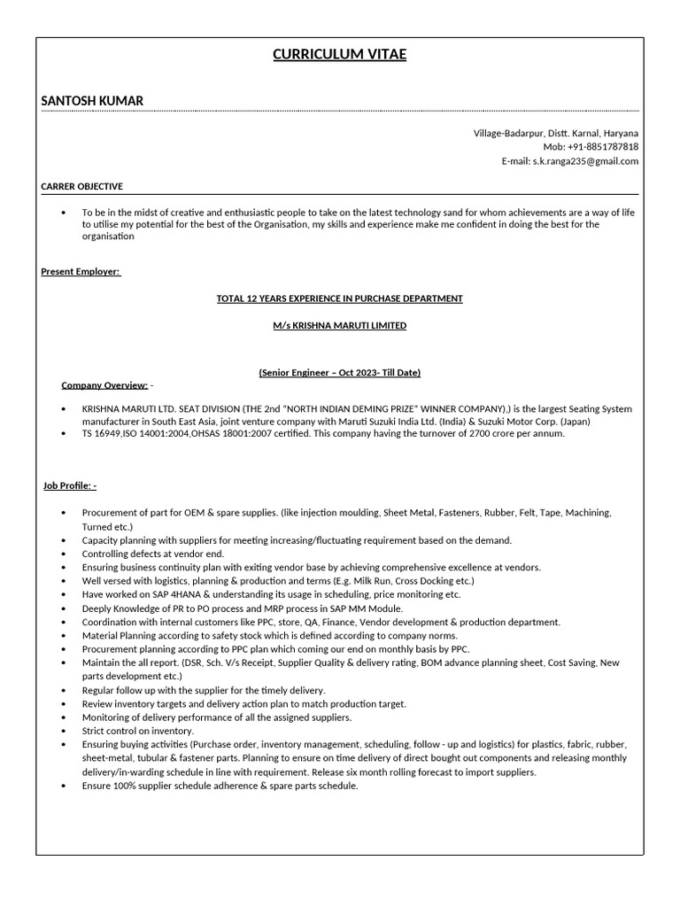 Cv-Santosh Kumar - Purchase ..2 | PDF | Inventory | Business