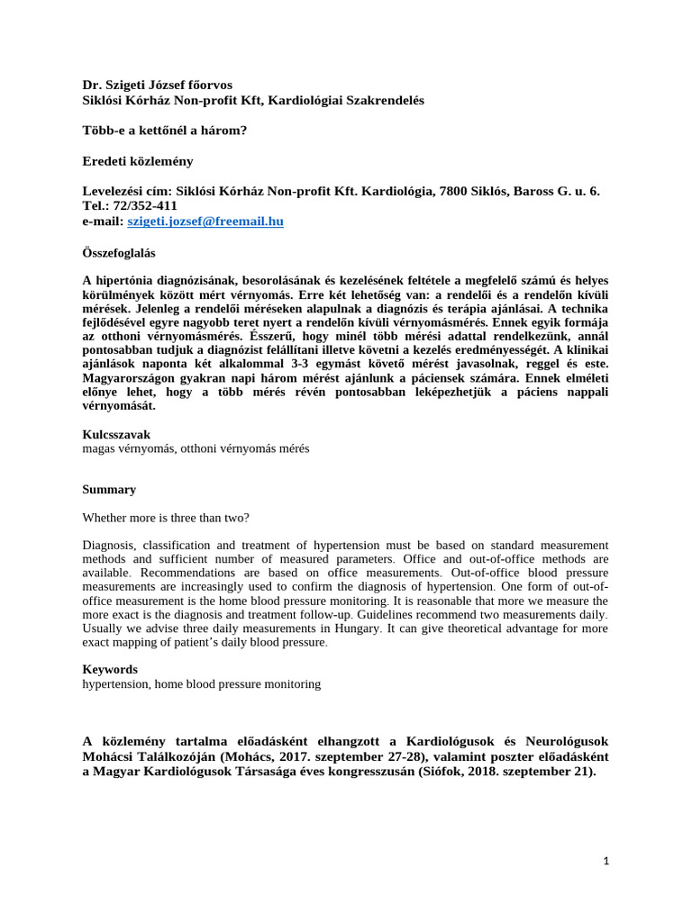 Több - e A Kettőnél A Három - Kézirat - Hypertonia És Nephrológia | PDF