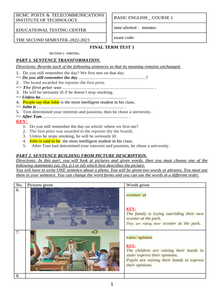 REVIEW_KEY.WRITING TEST-COURSE 1 | PDF