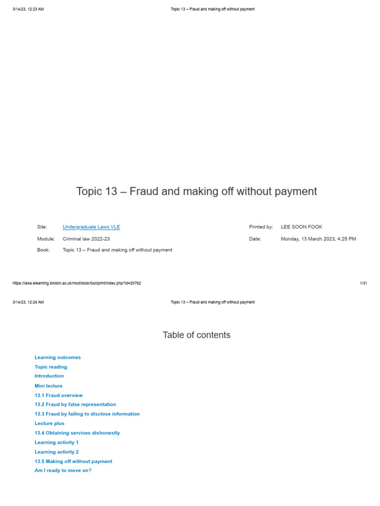 Topic 13 - Fraud and Making Off Without Payment | PDF | Dishonesty | Fraud