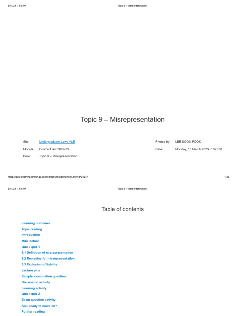 Topic 9 - Misrepresentation | PDF | Misrepresentation | Common Law